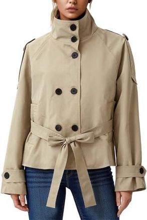 Generic Vestes pour femmes &agrave; double boutonnage avec ceinture nou&eacute;e &agrave; manches longues, veste anorak courte avec poches avant pour la mode dautomne d&eacute;contract&eacute;e