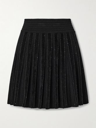 Balmain Mini-jupe Plissée En Velours Et En Mailles Côtelées À Sequins - Noir