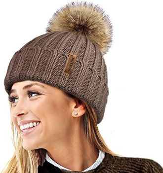TOSKATOK Femmes Hiver Rib Bonnet/Beanie avec Chunky détachable en Fausse Fourrure Bobble Pom Pom-Taille Unique-Mink