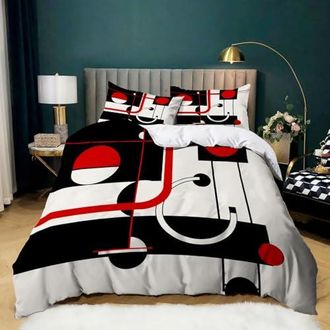 Generic Noir Rouge Parure de Lit 240x220 Adulte Imprimé géométrie de lart Abstrait Housse de Couette 2 Personnes Microfibre Douce Respirante Parure Housse Cou