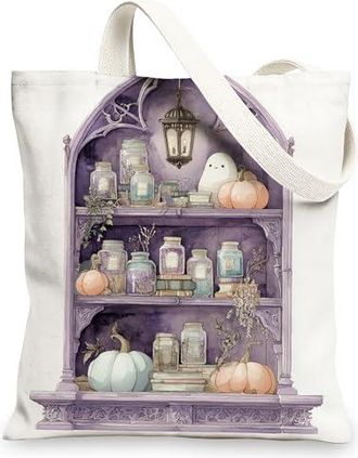 Generic Sacs fourre-tout en toile vintage fantaisie, motif citrouille et fantôme, sacs dépicerie réutilisables, légers et lavables, sacs en toile pour salle d