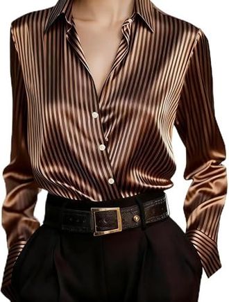 Generic Chemisier en satin pour femme avec col en V &eacute;l&eacute;gant, boutonnage descendant, manches longues - Haut d&eacute;contract&eacute; pour le travail - Chemise ample profess