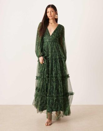 Lace & Beads Robe longue transparente &agrave; fleurs avec d&eacute;collet&eacute; en V plongeant et manches cloches - Vert