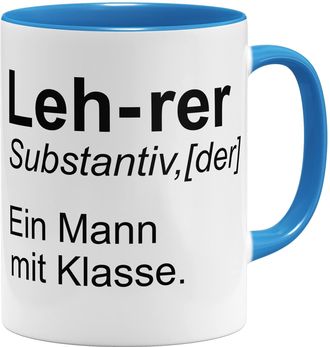 OM3 Ein Mann mit Klasse - Lehrer Tasse mit Spruch - Lehrergeschenk - Keramik Becher - 11oz 325ml - Beidseitig Bedruckt - Hellblau