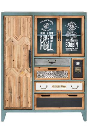 Landscape Kommode, Braun, Natur, Schwarz, Wei&szlig;, Blaugrau, Holz, Tanne, massiv, 3 F&auml;cher, 5 Schublade(n) Schubladen, 95x121x34 cm, Wohnzimmer, Kommoden & Sideboa