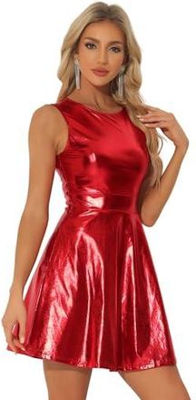 Allegra K Robe évasée holographique à Taille Haute et sans Manches métallisées pour Femmes Rouge-2 XS