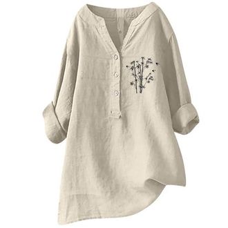 Generic Haut &agrave; manches mi-longues en lin pour femme, chemises d&eacute;t&eacute; surdimensionn&eacute;es pour printemps, automne, club graphique, robes d&eacute;contract&eacute;es &agrave; porter avec
