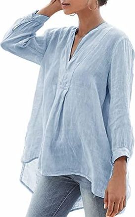 Onsoyours Chemisier Femme Chic Sexy Chemise en Coton Lin à Manche Longue Décontracté Blouse Ample à Col Rond Tunique Printemps Eté Top Hauts B Bleu 3XL