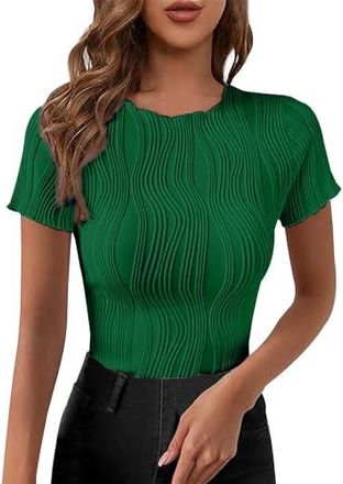 Generic T-Shirt pour Femme &agrave; col Rond Haut D&eacute;contract&eacute; en Maille Extensible Motif Ondul&eacute; Y2K Basic Tops