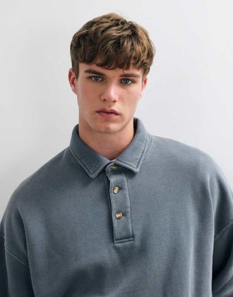 Abercrombie & Fitch sweat polo oversize boutonn&eacute; en bleu p&eacute;trole