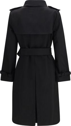 Burberry Womens Long Gabardine Trench Coat With Check Collar Black Cotton