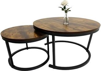 Relaxdays Satztisch 2er Set, Industrial Design, &Oslash; 50 cm & 70 cm, Holzoptik & Metall, runde Beistelltische, braun/schwarz