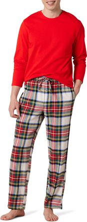 Amazon Essentials Herren Flanellhose und langärmeliges T-Shirt als Pyjama-Set, Rot Tartan Plaid, XXL