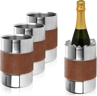 Com-Four 4x Sektkühler mit Kunstleder-Band - Flaschenkühler für Sekt und Wein - Eiswürfelkübel aus Edelstahl - doppelwandiger Eiswürfeleimer mit 10 cm Innendur