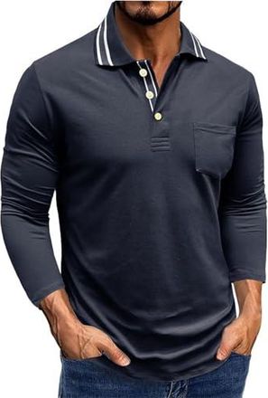 Generic Polo &agrave; manches longues pour homme - Polo de golf classique en coton avec poche de poitrine - D&eacute;contract&eacute; - Oversize - Respirant - Coupe droite - Bouto