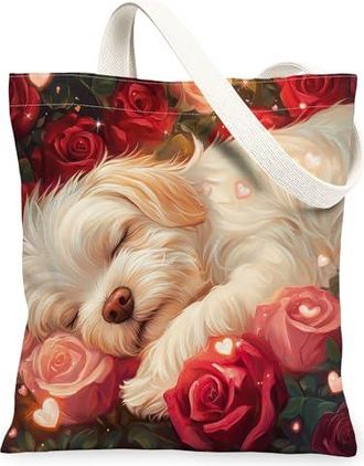 Generic Sac fourre-tout en toile motif chien maltais 33 x 38 cm, sac d&eacute;picerie r&eacute;utilisable pour la Saint-Valentin, motif roses romantiques, pour femme, anima