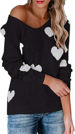 Generic Pull dhiver tendance pour femme avec col en V et &eacute;paules d&eacute;nud&eacute;es - Pull habill&eacute; d&eacute;contract&eacute; en tricot avec coeur vintage - Pull de vacances, Noir, XL