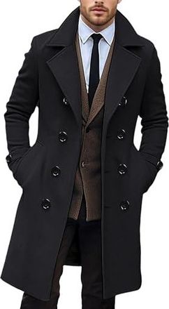 Generic Manteau long dhiver pour homme - Trench &agrave; double boutonnage - Veste &agrave; revers crant&eacute; - Veste chaude pour les affaires et les loisirs, Noir, 3XL