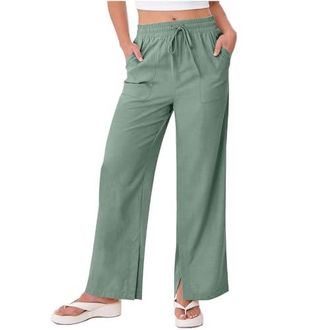Generic Pantalon pour femme tendance et d&eacute;contract&eacute; de couleur unie taille haute fente jambe large pantalon d&eacute;contract&eacute; avec poches pantalon noir &agrave; jambe larg