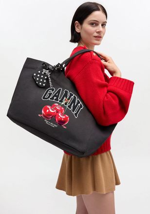 Ganni Schwarze mittelgro&szlig;e Tragetasche mit Kirschenmotiv gemischt