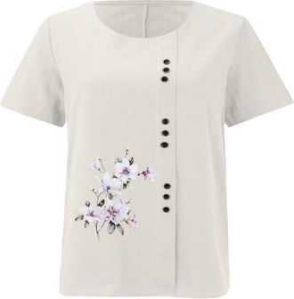 Generic Haut ample d&eacute;contract&eacute; &agrave; manches courtes et col rond en lin pour femme, chemisier d&eacute;t&eacute; &agrave; motif floral pour la plage, les vacances et les voyages, beig