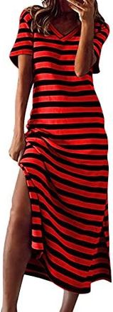 Generic Robe d&eacute;t&eacute; Longue pour Femme - Ray&eacute;e - Robe Longue d&eacute;t&eacute; pour Femme - Robe Longue d&eacute;contract&eacute;e &agrave; Manches Courtes - Fente - Col en V - Robe de Plage - Ro