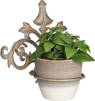 Relaxdays 2 x Wand Blumenhalter Barock, Gusseisen, Vintage Blumentopfhalter für draußen, Blumentopfring Ø 13,5 cm, Gold-grau