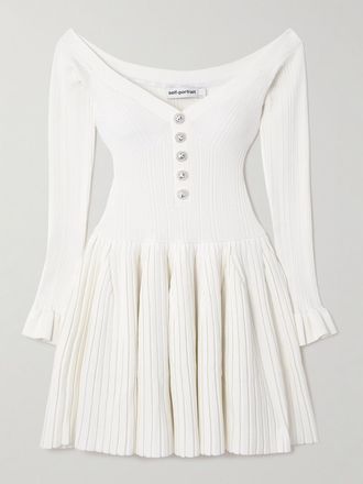 Self Portrait Schulterfreies Minikleid Aus Rippstrick Mit Falten - Wei&szlig;