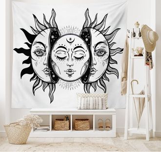 Abakuhaus Mond Wandteppich, Monochrome Sonne und Mond aus Weiches Mikrofaser Stoff Waschbar ohne Verblassen Digitaldruck, 150 x 110 cm,Wei&szlig; Schwarz