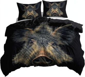 Generic Housse de Couette 240 x 260 Sanglier Parure de Lit 2 Personnes Animaux Imprimée 3D Microfibre Douce Fond Noir Housse Couette Réversible avec 2 Taies d