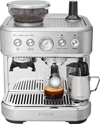 Sencor Espresso-Maschine - Kaffeemühle - Espresso-Kaffeemaschine mit Barista Express Mühle, gebürstetem Edelstahl, großem Wasser- und Kaffeebehälter, Cappucc