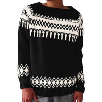 Generic Womens Retro Art Printed Comfortable Casual Knitted Round Neck Pullover Robe Plaid (Black, XL) Pull Femme Sweater Oversize sous Col V Halloween Sweat 