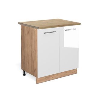 Vicco Meuble Bas de Cuisine Fame-Line, Blanc Haute Brillance, 80cm avec &eacute;tag&egrave;re, PT Ch&ecirc;ne