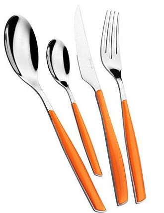 Bugatti Glamour, Ensemble de 24 couverts en acier inoxydable 18/10 et manche ORANGE. Ensemble de couverts 6 personnes composé de 6 cuillères, 6 fourchettes, 6