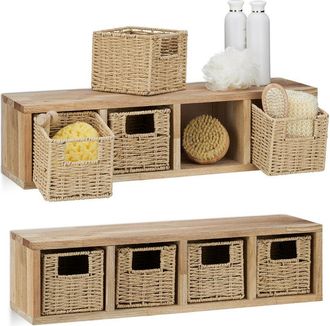 Relaxdays Relaxdays - Wandregal Walnuss im 2er Set, Regalsystem, je 4 Körbe zum Herausnehmen, für Bad, Küche oder Wohnzimmer, natur