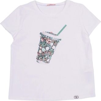 Liu Jo Femme, Tops, Blanc, Taille: 40 FR T-shirt avec imprim&eacute; et pierres pr&eacute;cieuses