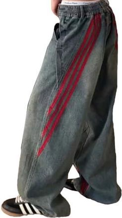 Generic Pantalon en jean rayé taille haute vintage américain pour femme, bleu, S