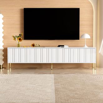 Generic TV Schrank Weiss 190 Stauraum T&uuml;ren mit Rillen goldene Beine ged&auml;mpfte Scharniere robust modern flexibel lowboard stehend organisiert Ger&auml;te und B&uuml;che