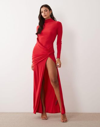 Asos robe longue pr&egrave;s du corps fendue jusqu&agrave; la cuisse en rouge