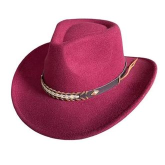 Generic Chapeau de cowboy occidental avec style ethnique en laine &agrave; bord moyen pour ext&eacute;rieur et d&eacute;contract&eacute;, bordeaux, Taille unique