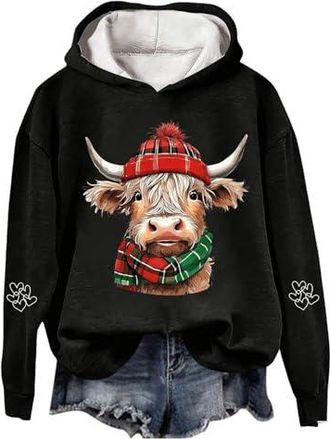 Generic Sweat &agrave; capuche vache Highland pour femme - Pull de No&euml;l - Grande taille - D&eacute;contract&eacute; - Pull de cowgirl mignon - Pull amusant - V&ecirc;tements de rue - Ca