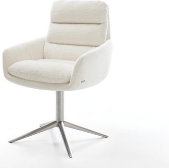 DELIFE Drehstuhl Abelia-Flex mit Armlehnen Bouclé Soft Beige Fußkreuz Edelstahl 360° drehbar Wippfunktion, Esszimmerstühle