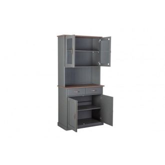 Dmora Sideboard mit 2 geschlossenen T&uuml;ren, 2 Vitrinen und 2 Schubladen, in grau lackierter massiver Kiefer mit brauner Oberseite und Oberfl&auml;chen, 90x45x191
