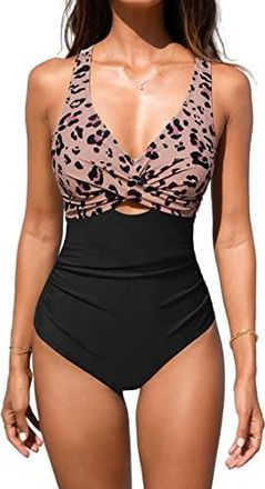 Cupshe Maillot de Bain Une pièce pour Femme découpe Ventre contrôle entrecroisé Dos léopard Larges Bretelles Maillots de Bain XS