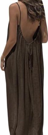 Generic Robe caraco dos nu de couleur unie pour femme, robe longue &agrave; bretelles spaghetti, robe d&eacute;t&eacute; longue avec noeud dans le dos, pour les vacances &agrave; la plag