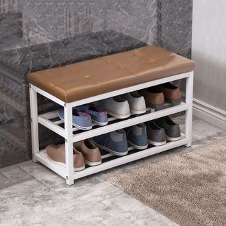 Generic 3-stöckige Schuhbank Mit Stauraum, Sitzfläche Aus PU-Leder Und Metallrahmen, Organizer for Den Eingangsbereich Im Wohnzimmerflur(Brown,70 * 45 * 30cm)