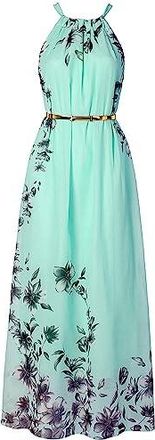 Generic Robe boh&egrave;me sans manches longue en mousseline de soie pour femme avec col suspendu, Vert, 3XL