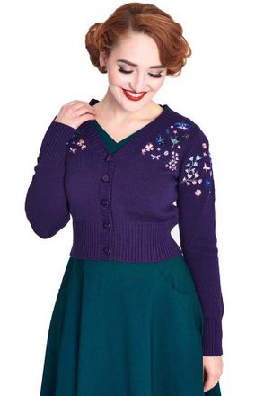Voodoo Vixen Strickjacke Floral And Butterfly Embroidered Cardigan Lila Retro Vintage