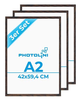Photolini Bilderrahmen A2 Holz MDF Eiche dunkel, 3er Set Picture Frame Rahmen 42x59,4 mit bruchsicherem Acrylglas, DIN A2 Bilderrahmen 42x60 zum Aufh&auml;ngen, mit 