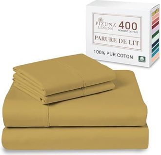 Pizuna 400 Fils Coton Draps Set 180x200 Or Moutarde, 4pc 100% Coton À Longues Fibres Parure de lit Satin Doux Comprend 1 Drap-Housse, 1 Drap Plat & 2 Taies D